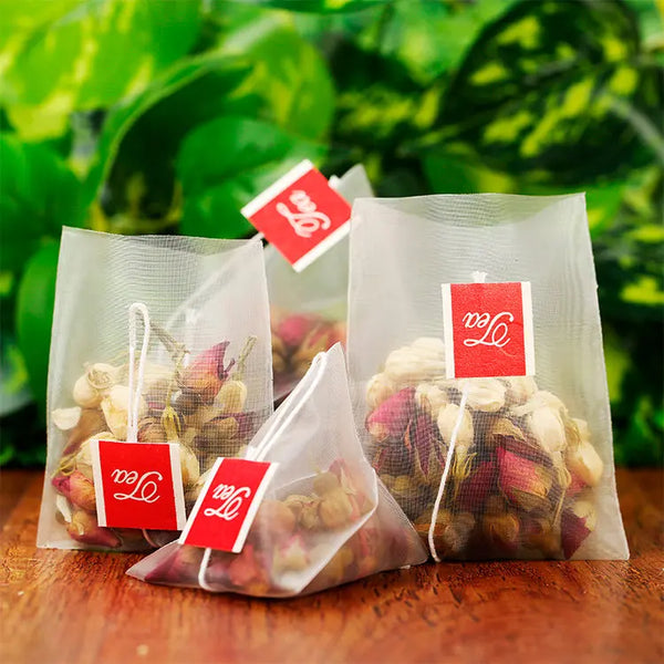 Filtrante nylon "Pirámide" etiqueta Tea - Bolsitasfiltrantes.pe